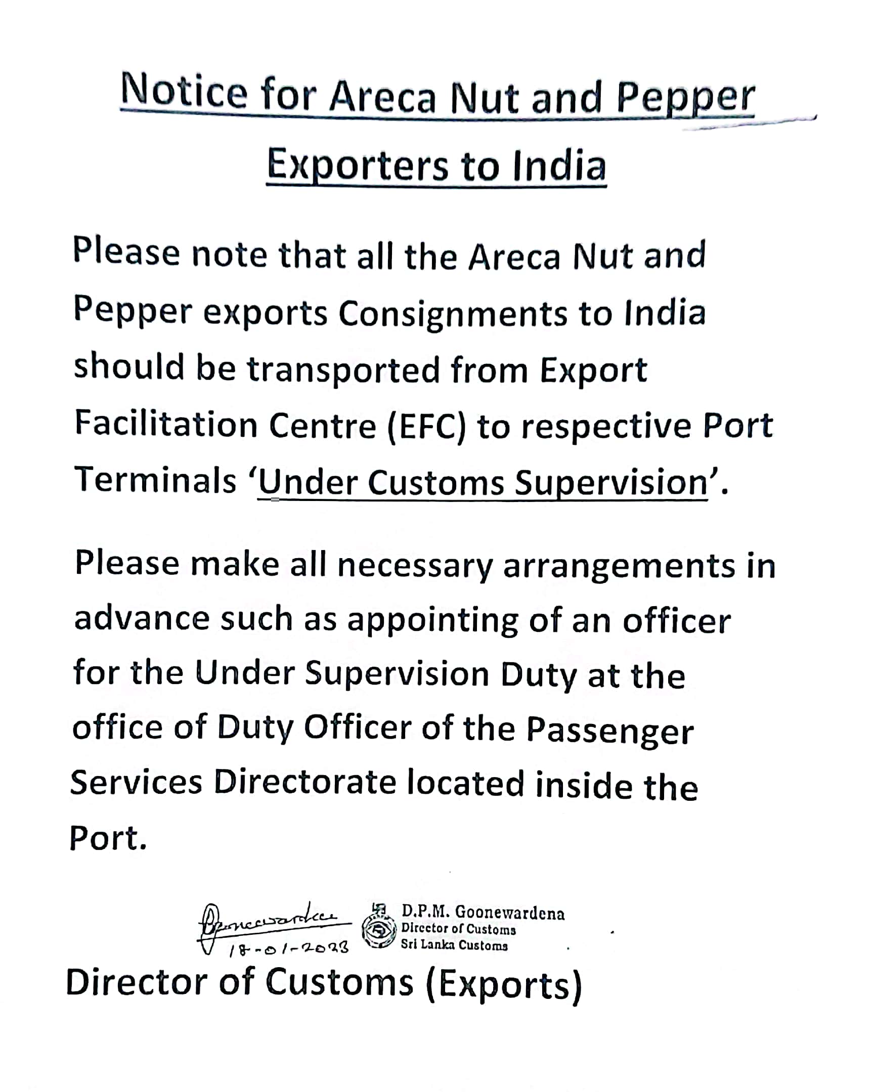 NOTICE FOR ARECA NUT AND PEPPER EXPORTERS TO INDIA – Sri Lanka Customs