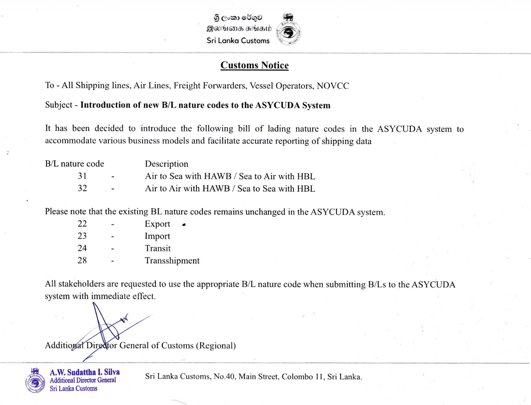 Introduction of new B/L nature codes to the ASYCUDA System – Sri Lanka ...